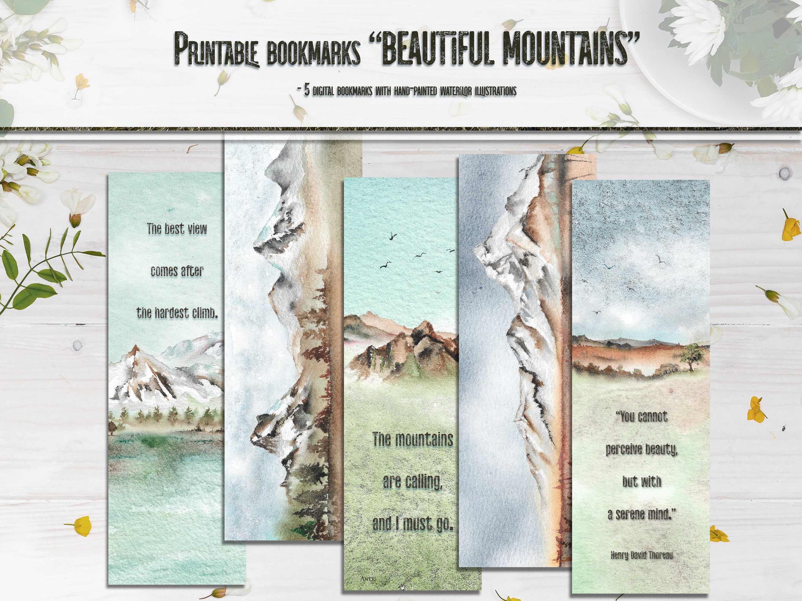Printable Bookmarks With Watercolor Mountain Illustrations, Digital ...