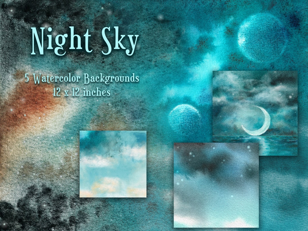 Night Skies Digital Papers and Backgrounds, Set of Cloudy Watercolor ...
