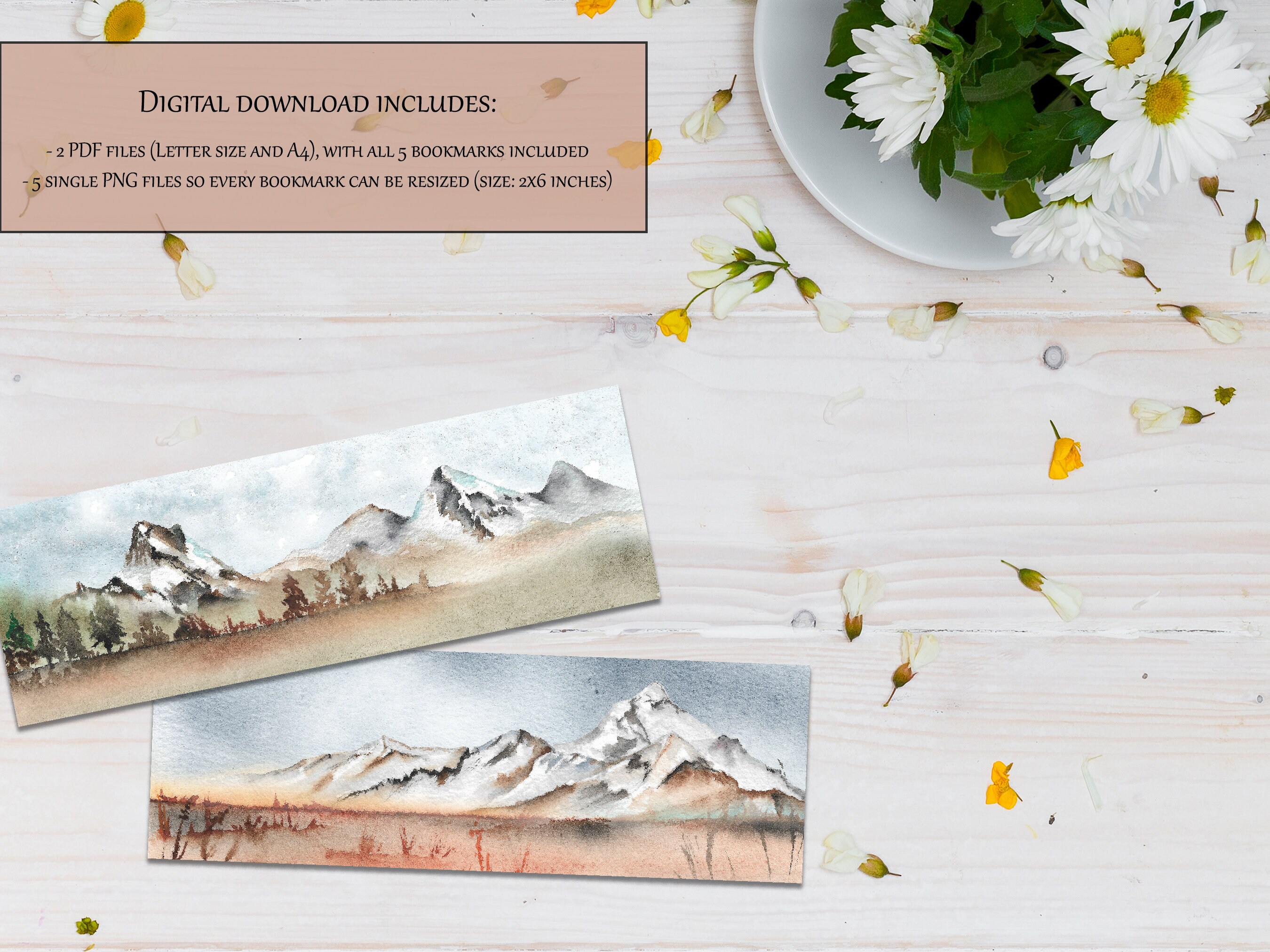 Printable Bookmarks With Watercolor Mountain Illustrations, Digital ...