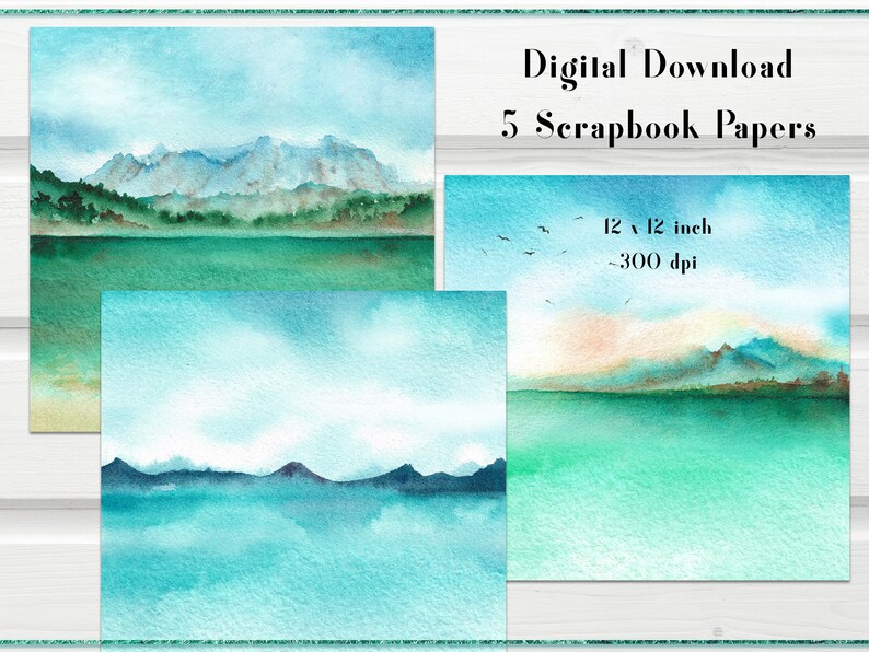 Lakes and Mountains Digital Papers, Watercolor Landscapes, Scrapbook ...