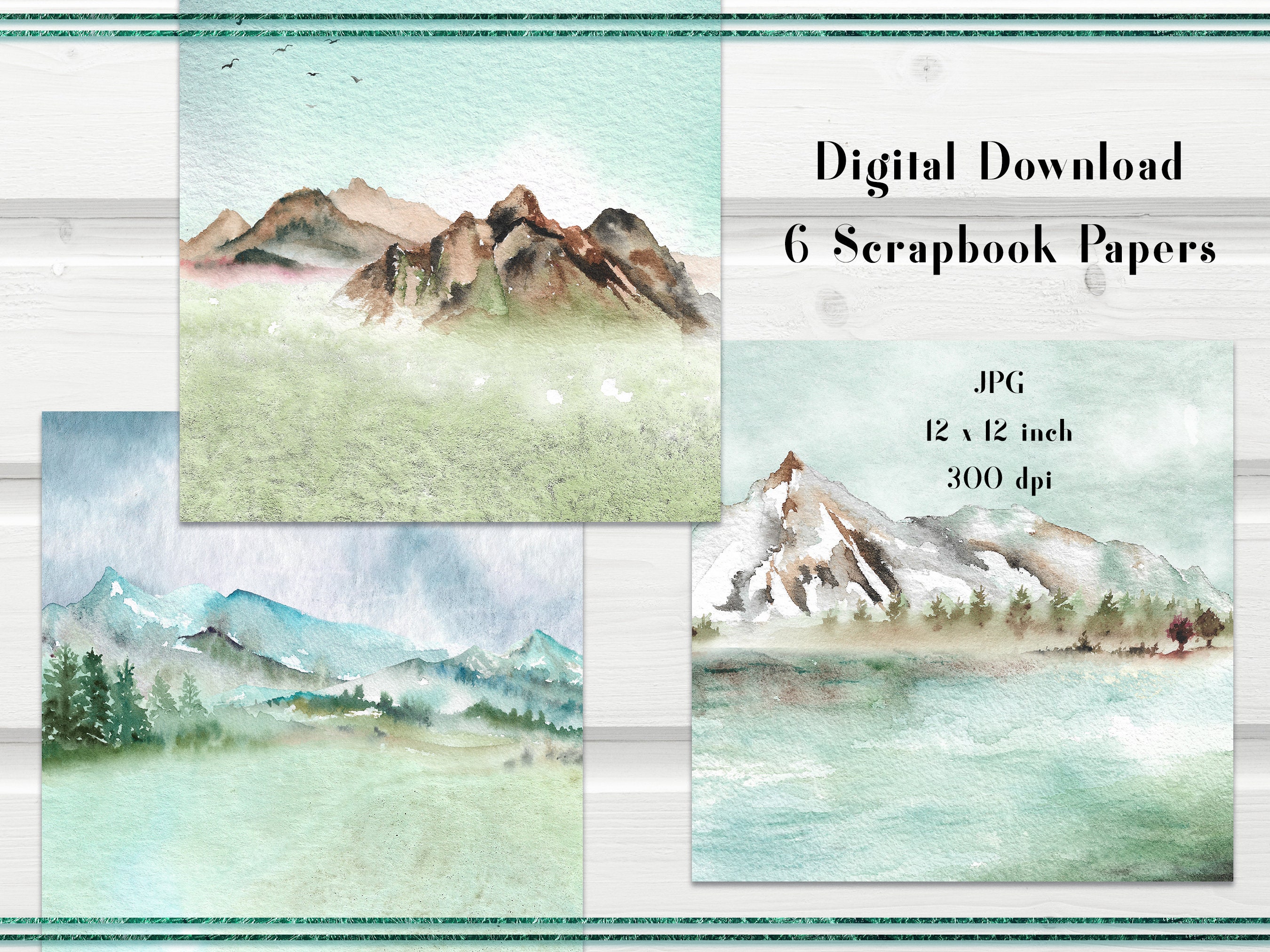 Watercolor Mountains Printable Scrapbook Paper, Digital Download, Set ...