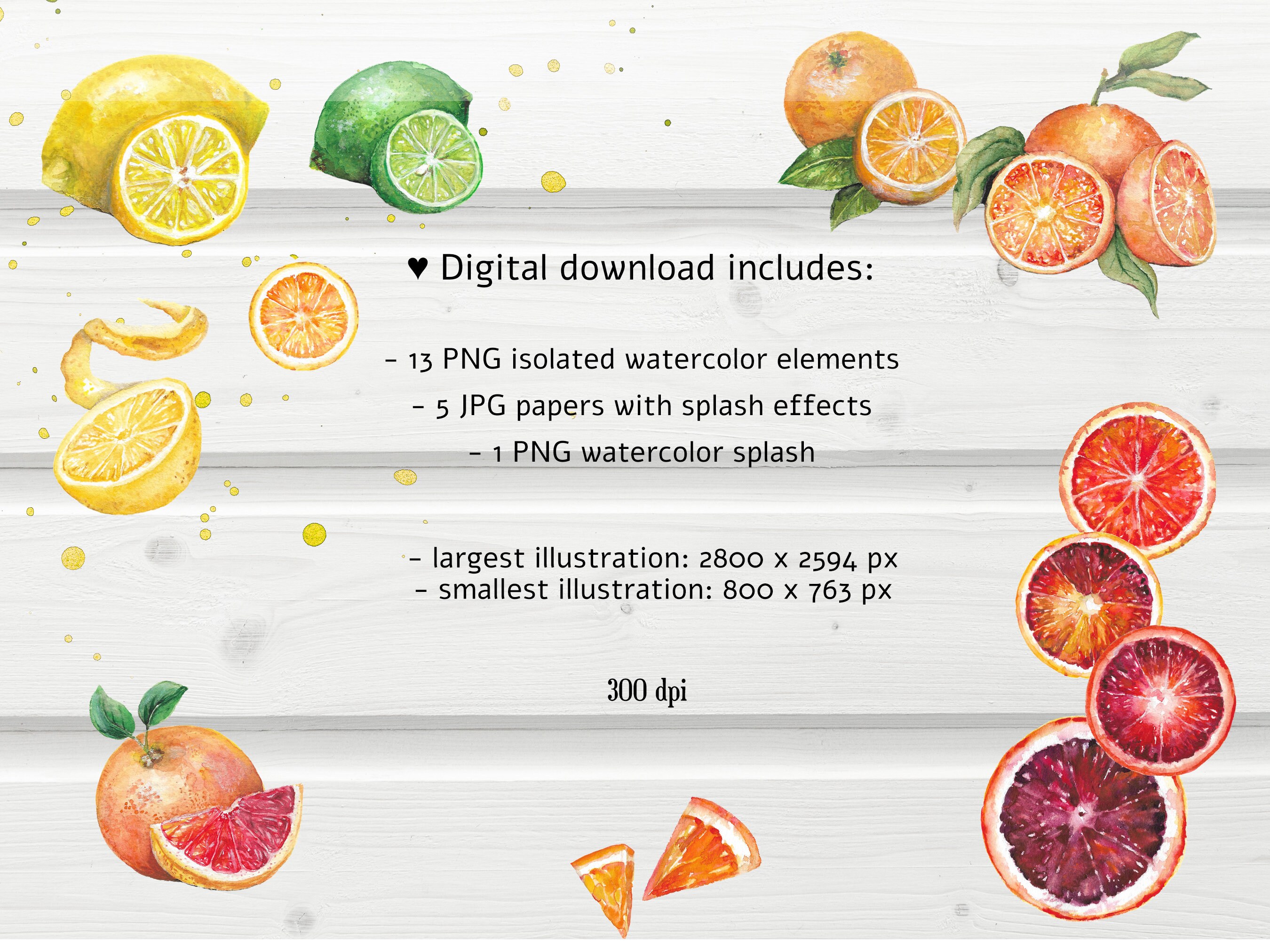 Citrus Fruits Clipart and Watercolor Backgrounds, Digital Paper With ...