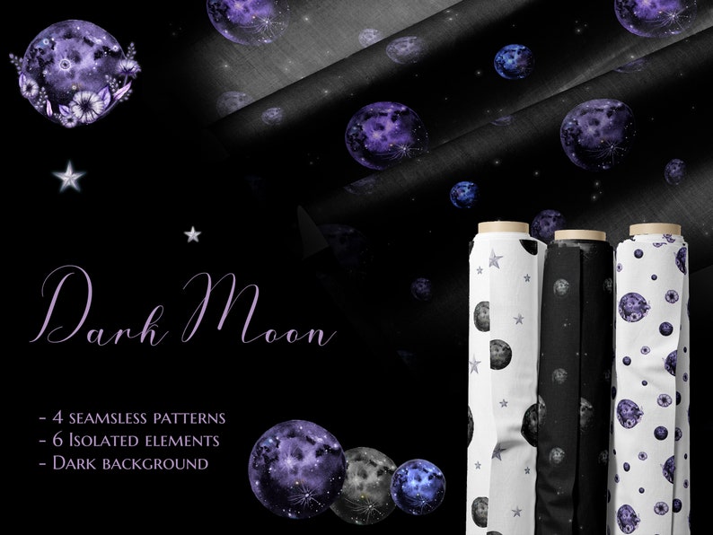 Dark Moon Clipart and Seamless Patterns Watercolor Moon - Etsy