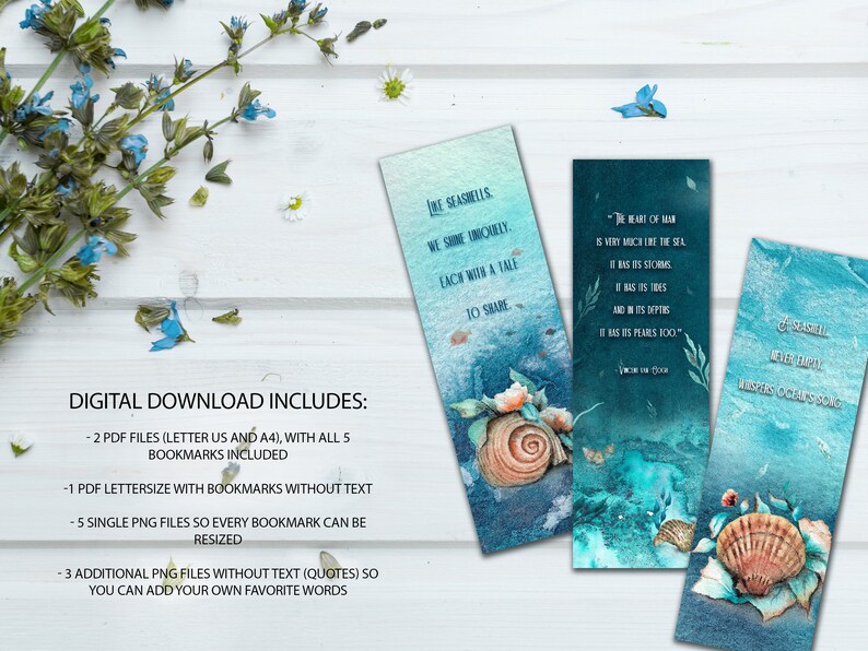 Seashell and Underwater Digital Bookmarks, Deep Blue Sea, Watercolor ...