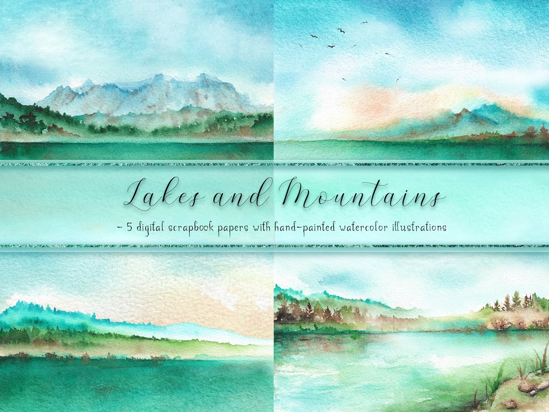 Lakes and Mountains Digital Papers, Watercolor Landscapes, Scrapbook ...