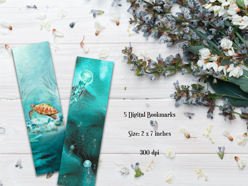Watercolor Under the Sea Bookmarks: Sea Turtle, Jellyfish (digital ...
