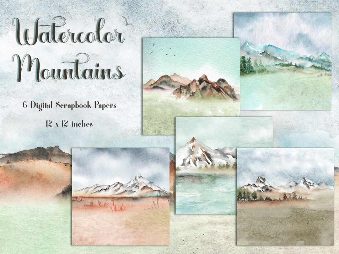 Watercolor Mountains Printable Scrapbook Paper, Digital Download, Set ...
