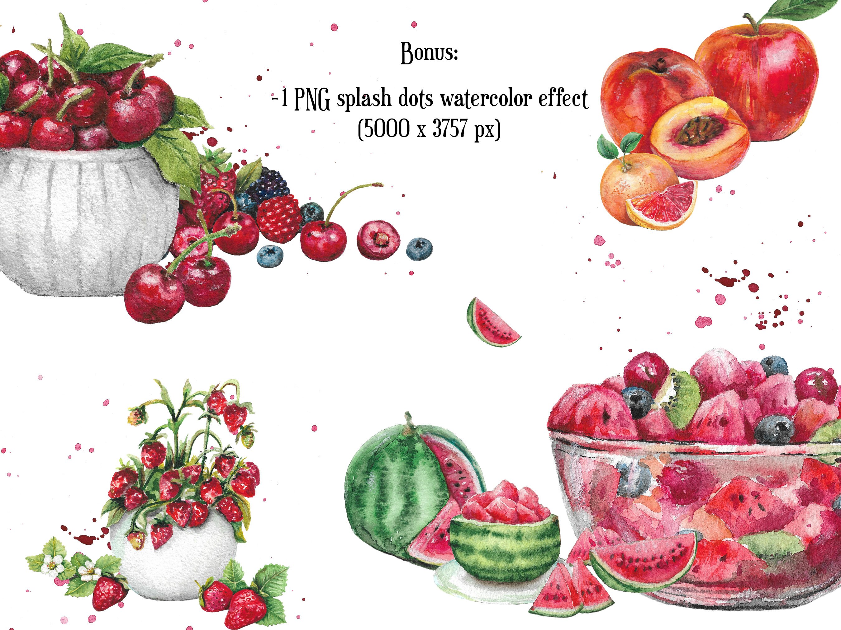 Red Fruits Watercolor Clipart, Strawberry, Cherry, Watermelon Fruit ...