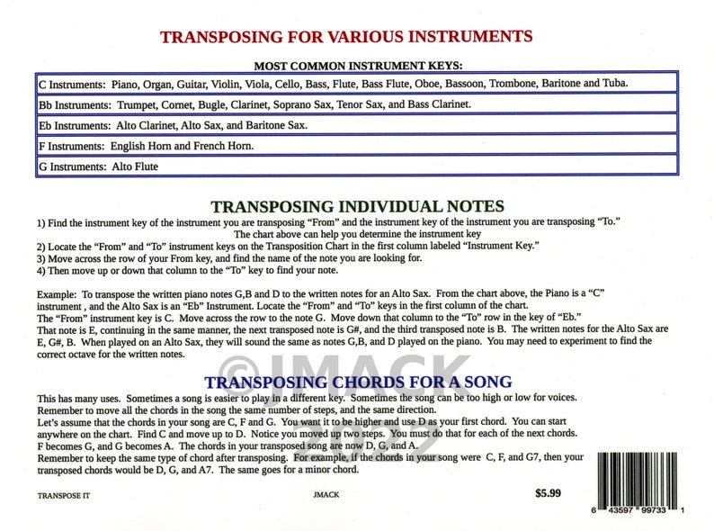 Transpose It! Music Transposition Chart for Guitar Saxophone Trumpet ...