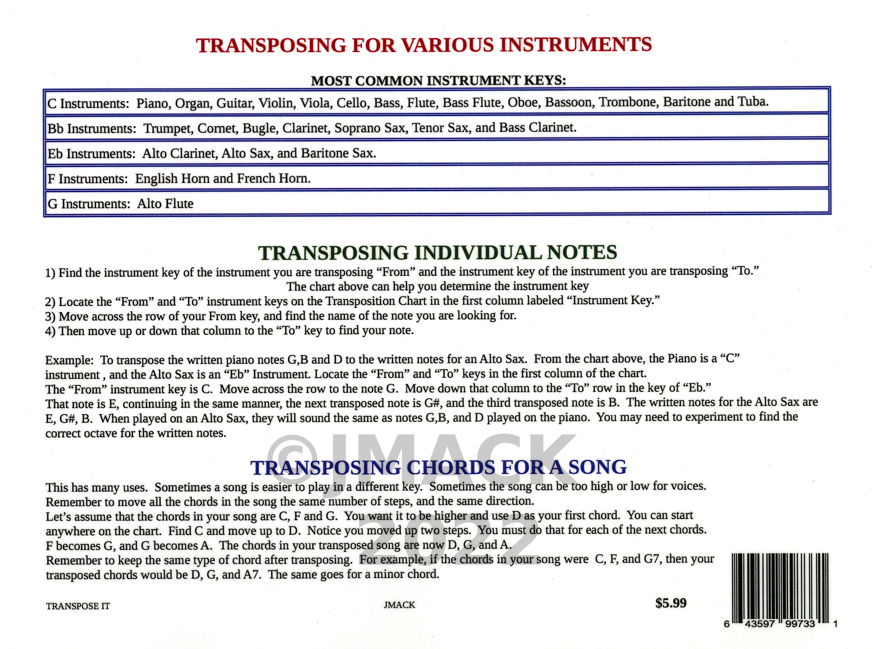Transpose It! Music Transposition Chart for Guitar Saxophone Trumpet ...