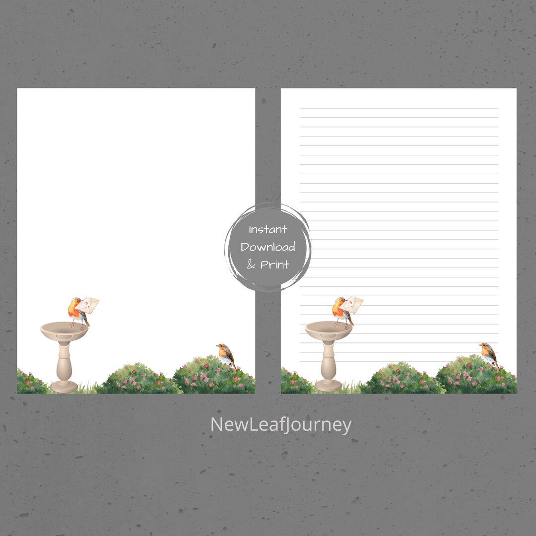 Printable Spring Garden Birdbath Bird With Letter Stationery Writing ...