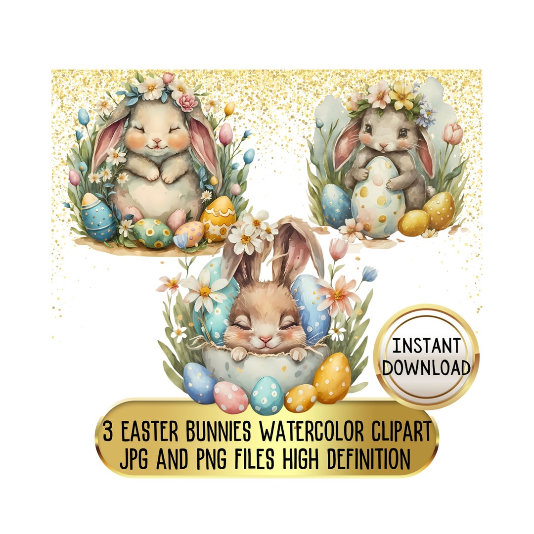 Easter Bunny Bundle Clipart, Happy Easter Watercolor Png, Easter Bunny ...