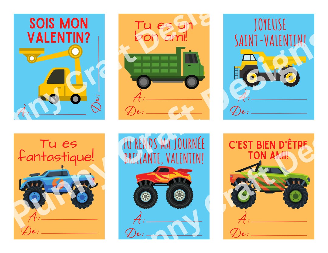 FRENCH Printable Cars and Trucks Valentines Cards Cartes Imprimables De ...
