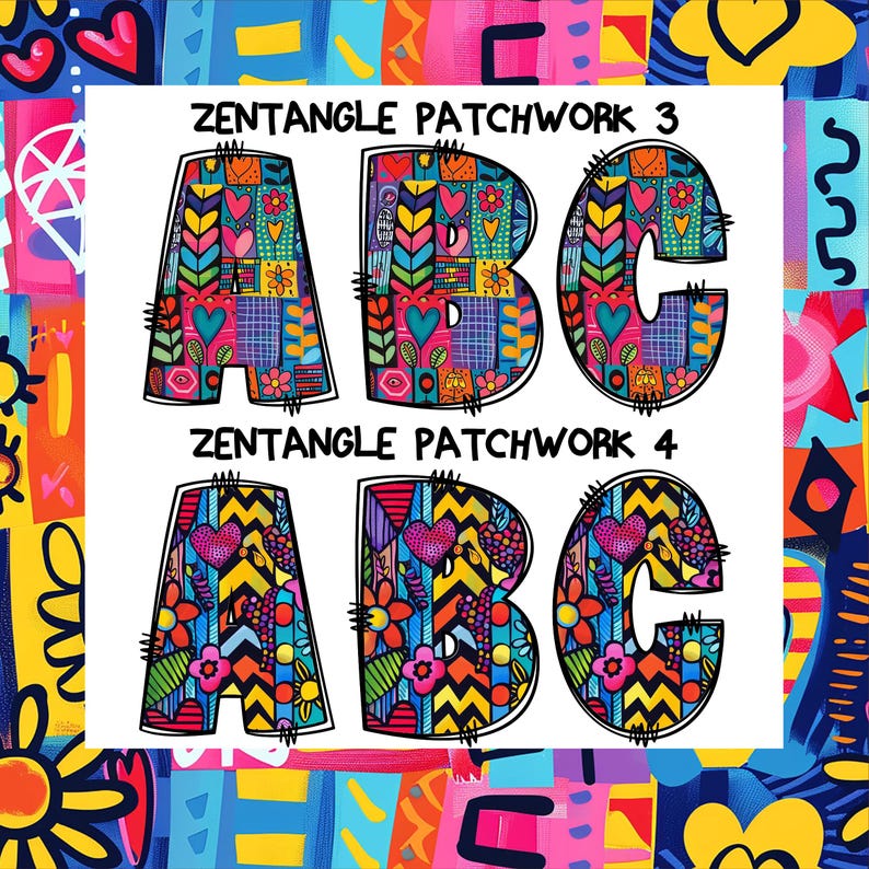 Zentangle Doodle Patchwork Alphabets Png, 12 Full Sets of Zentangle Letters and Numbers Digital ...