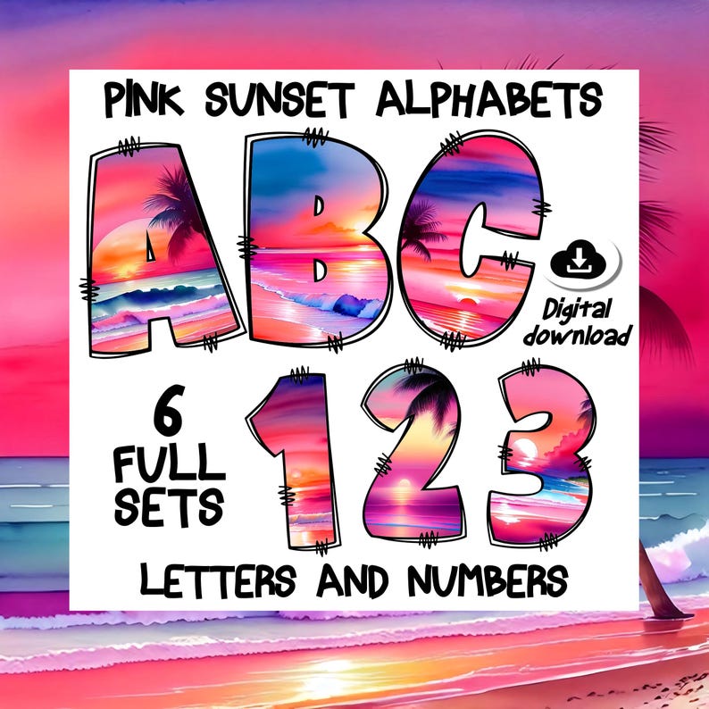 Pink Beach Sunset Font PNG Bundle: Tropical Alphabet (digital Download ...