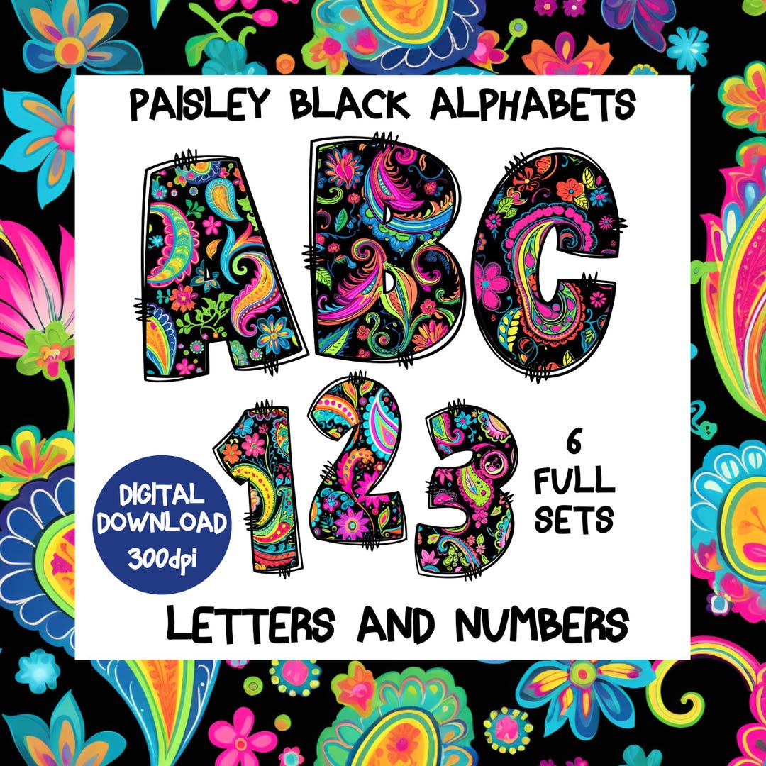 Paisley Alphabet PNG: 6 Full Sets Black Doodle Font, Clipart Letters ...