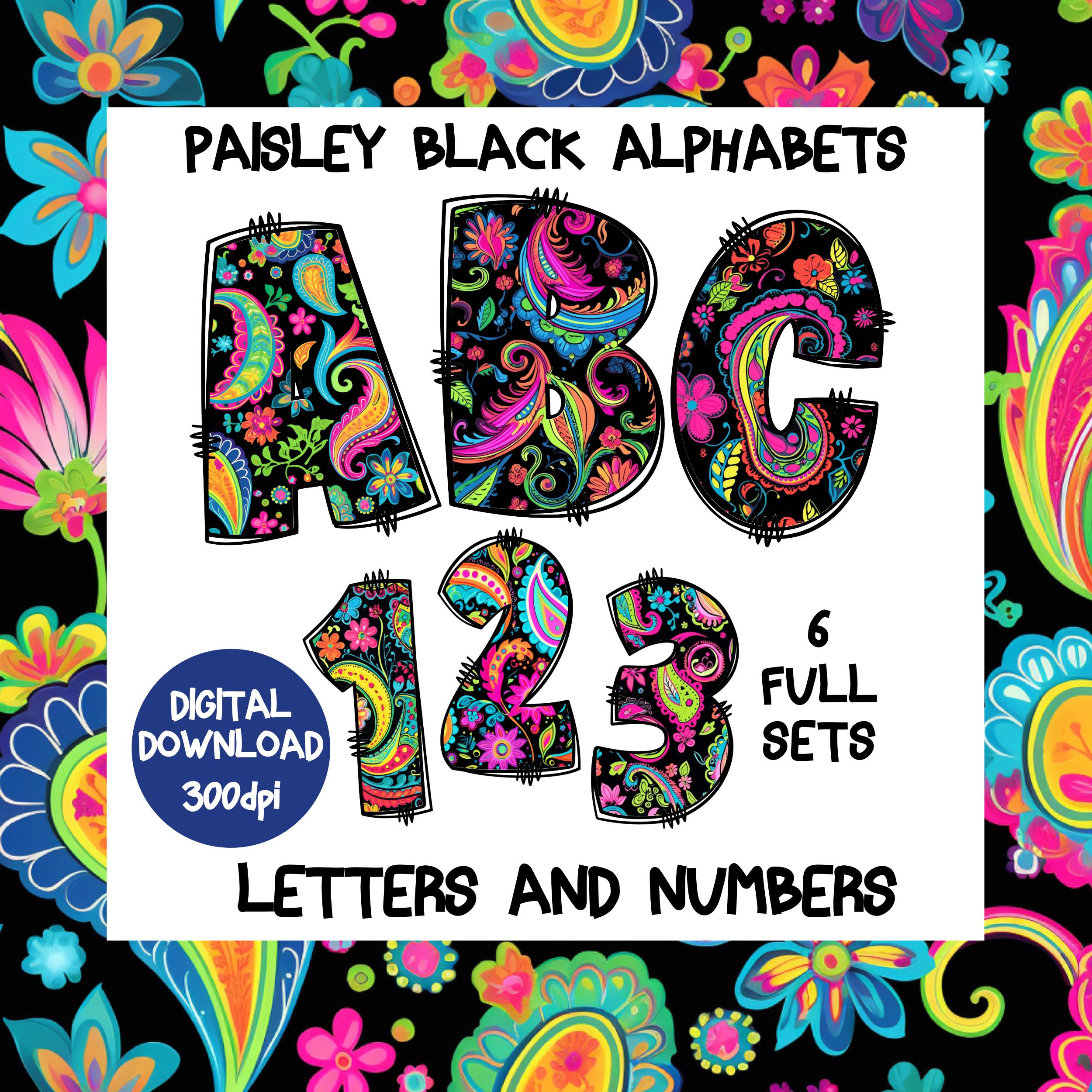 Paisley Alphabet Png, 6 Sets of Black Background Paisley Design Letters ...