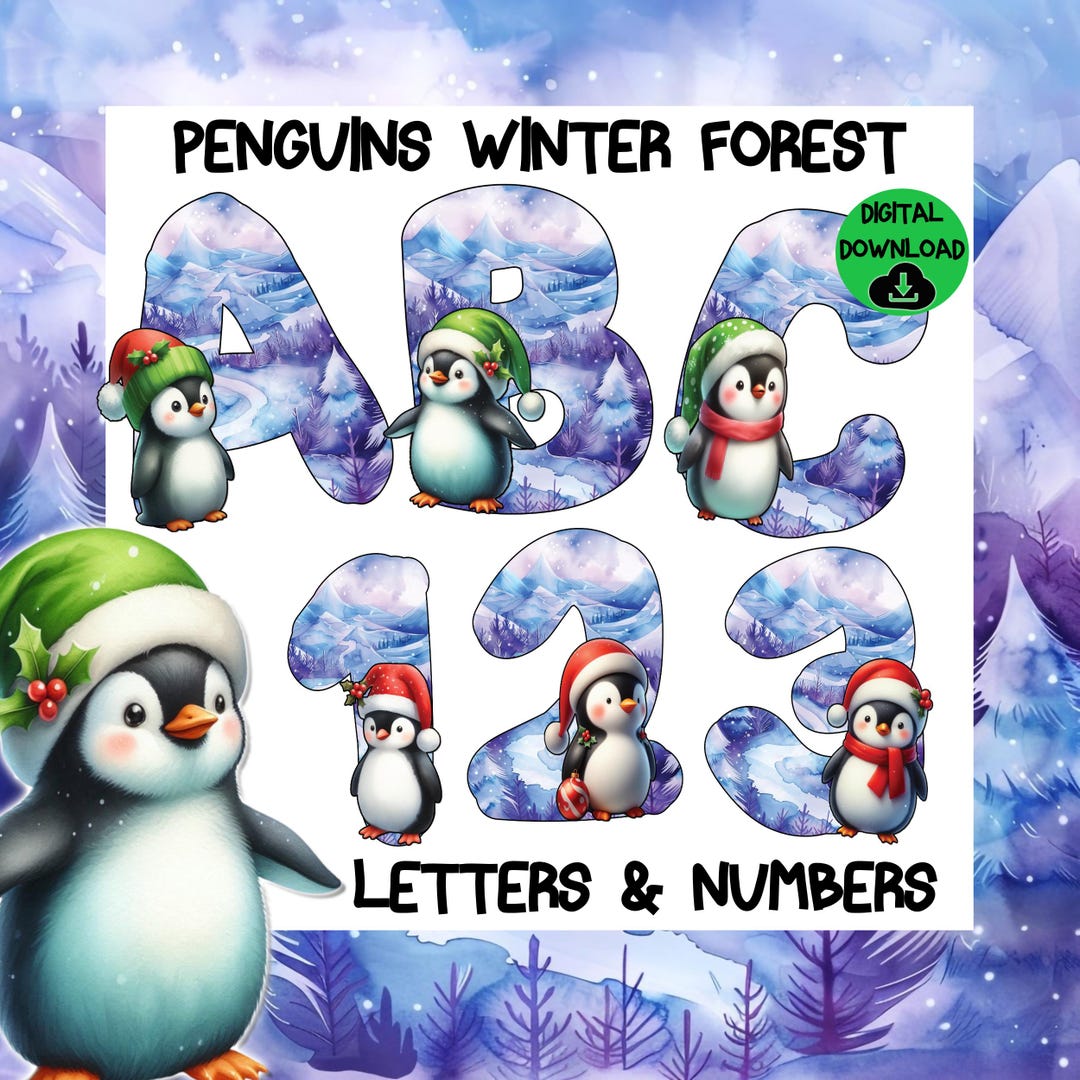 Christmas Alphabet Png, Forest Penguin Letters and Numbers, Digital ...