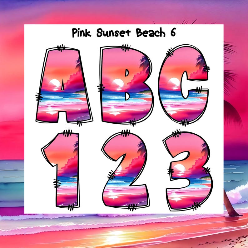 Pink Beach Sunset Font PNG Bundle: Tropical Alphabet (digital Download ...