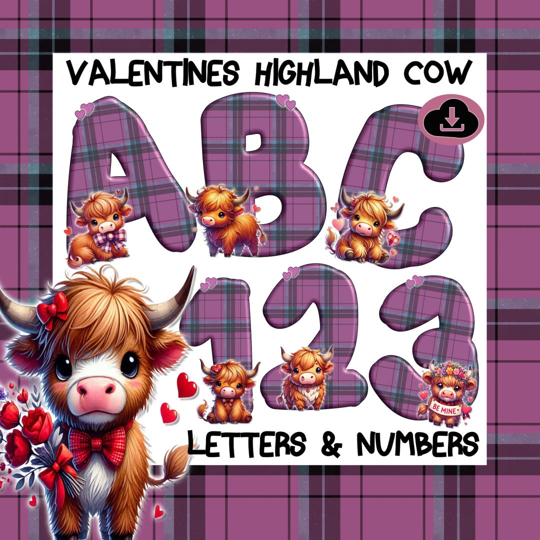 Highland Cow Valentine Alphabet Png, Cute Highland Cow Letters and ...