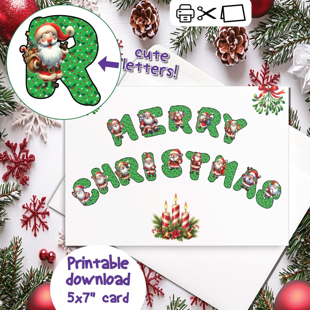 Printable Christmas Card With Cute Santa Word Art Card Digital Download ...
