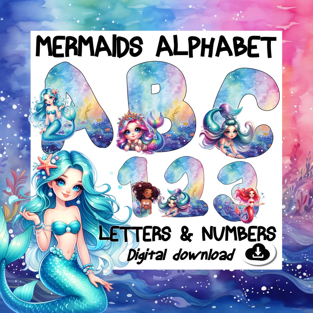 Mermaid Alphabet Png, a Set of Cute Mermaid Letters and Numbers Digital ...