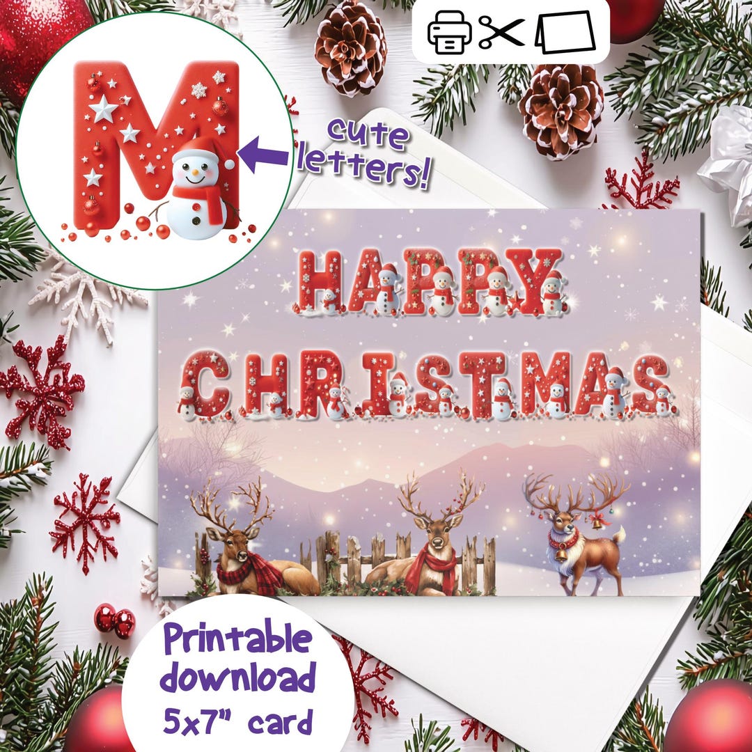 Printable Christmas Card With Snowman Word Art Reindeer Card Digital ...