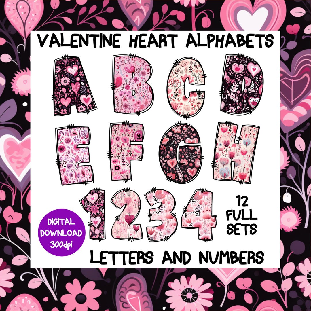 Valentine Floral Heart Alphabets Png, 12 Full Sets of Floral Heart ...