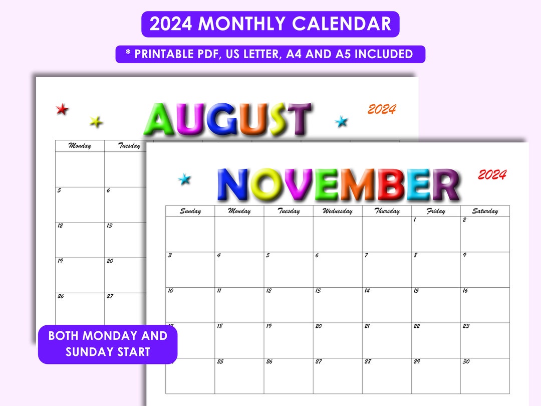 Printable 2024 Monthly Calendar / Planner PDF, Stylish Rainbow Word Art ...
