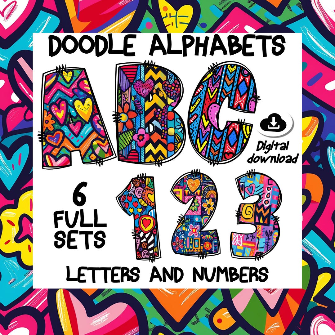 Doodle Font Bundle – 6 Fun and Colorful Alphabet Pngs – Hand-drawn ...