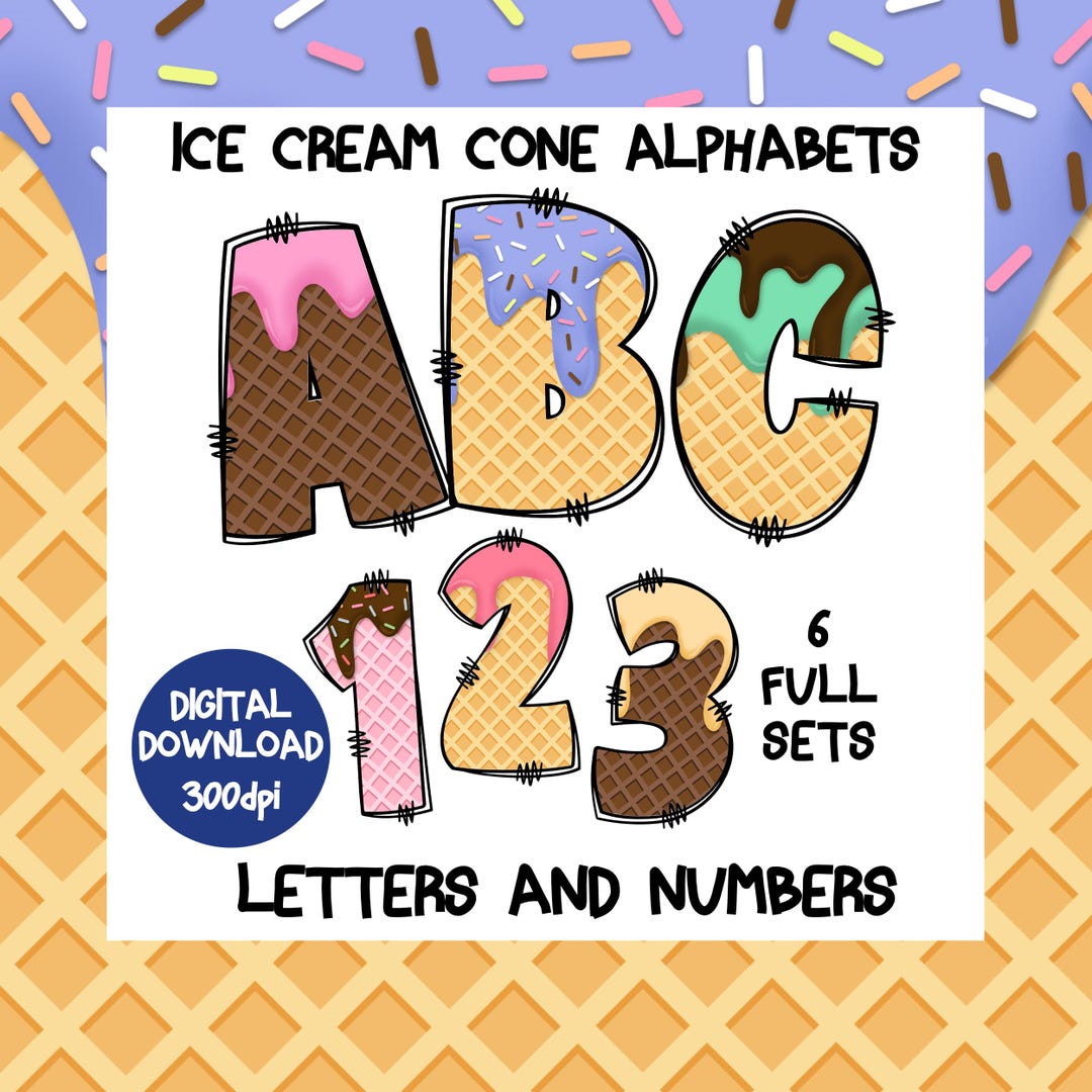 Ice Cream Cone Alphabet X6, Various Ice Cream Designs Font Png Digital ...