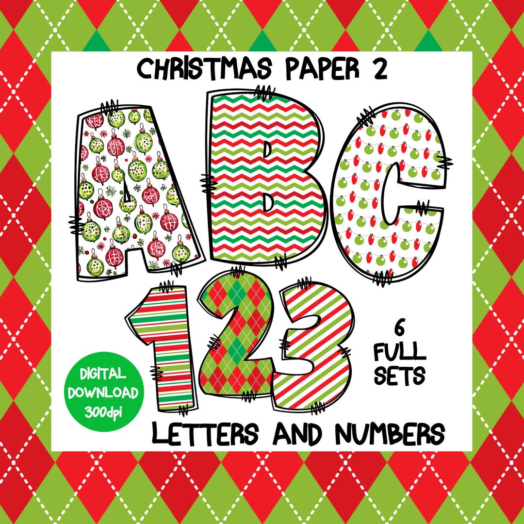 Christmas Alphabet Clipart: 6 Sets Doodle Font Letters, Numbers (PNG ...