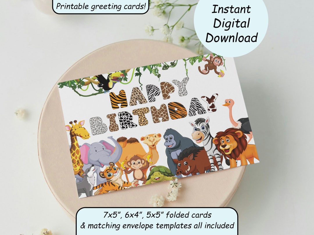 Printable Animal Birthday Card Matching Envelope Animal Card Digital ...