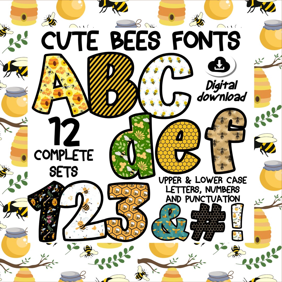 Bee Font Bundle – 12 Cute Honeybee Alphabet Pngs – Honeycomb, Bumblebee ...