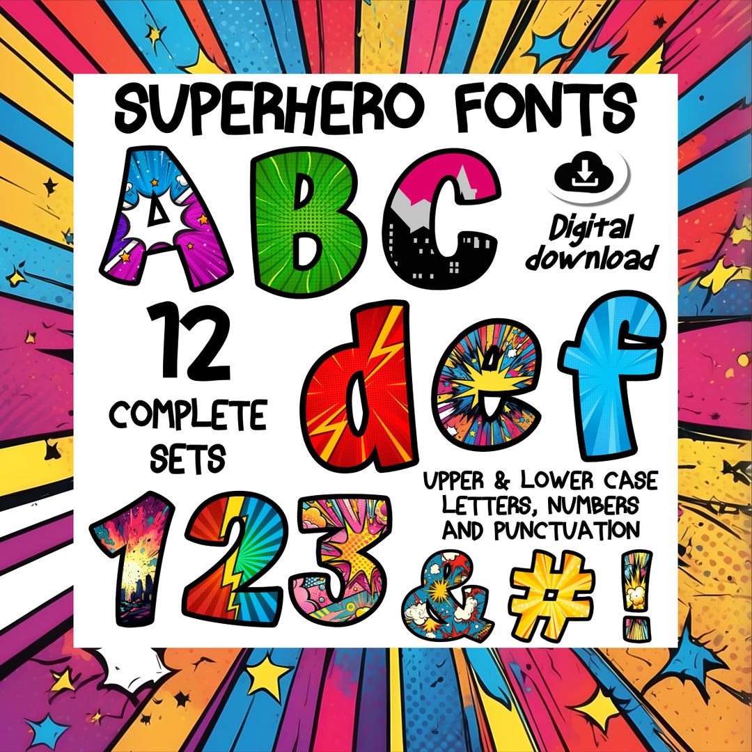 Superhero Font Bundle 12 Sets Comic Book Upper & Lower Case Letters ...