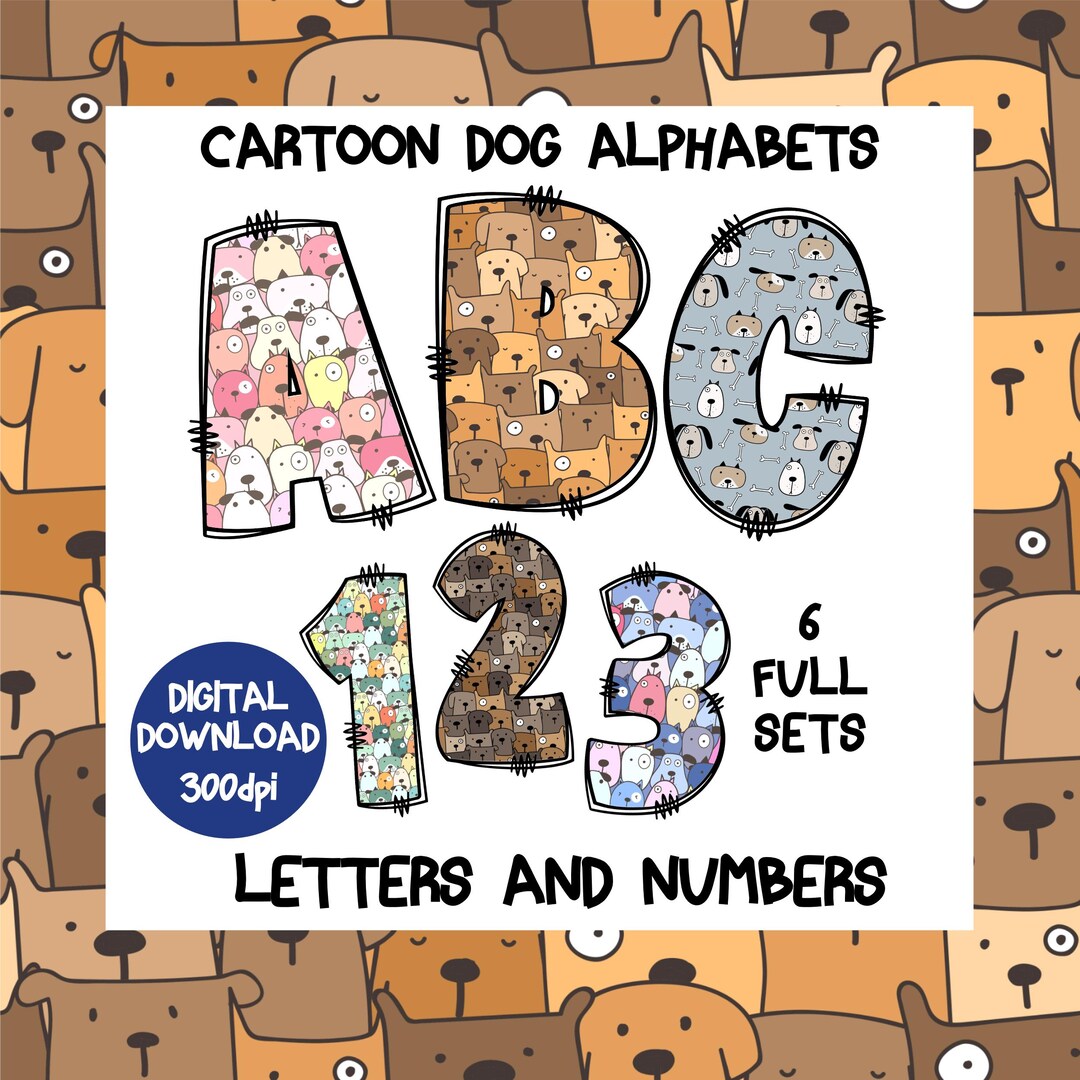 Cartoon Dogs Alphabet Png, 6 Full Sets of Boho Dog Letters and Numbers ...