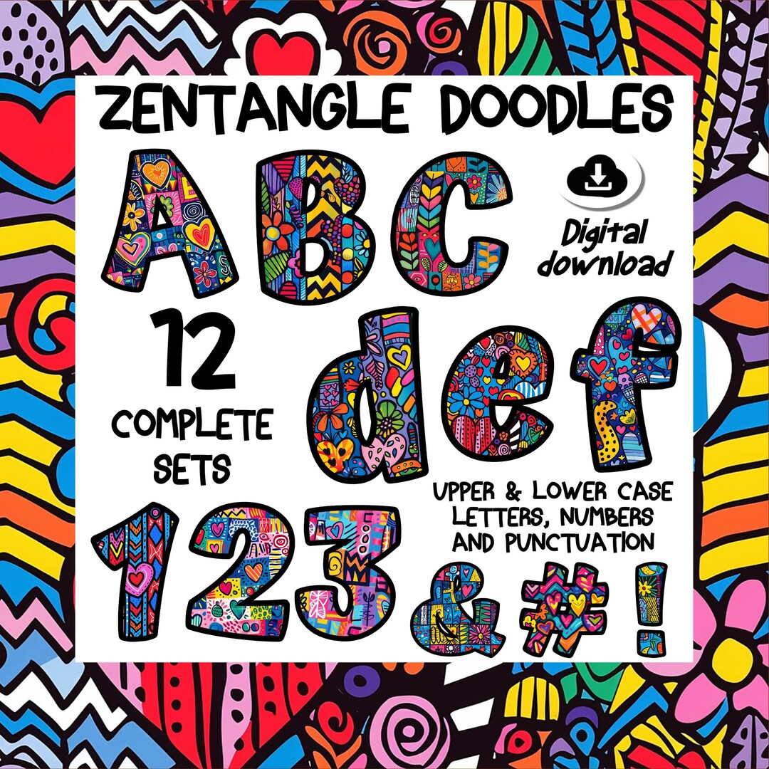 Zentangle Doodle Font Bundle 12 Sets Include Upper & Lower Case Letters ...