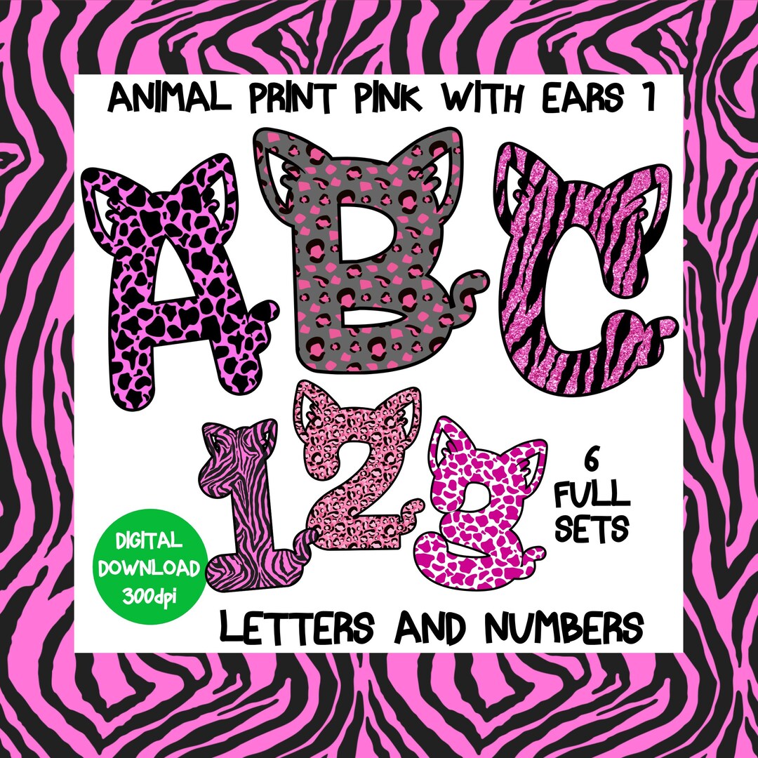 Animal Print Alphabets, Cute Pink Letters With Ears Clipart Png Digital ...