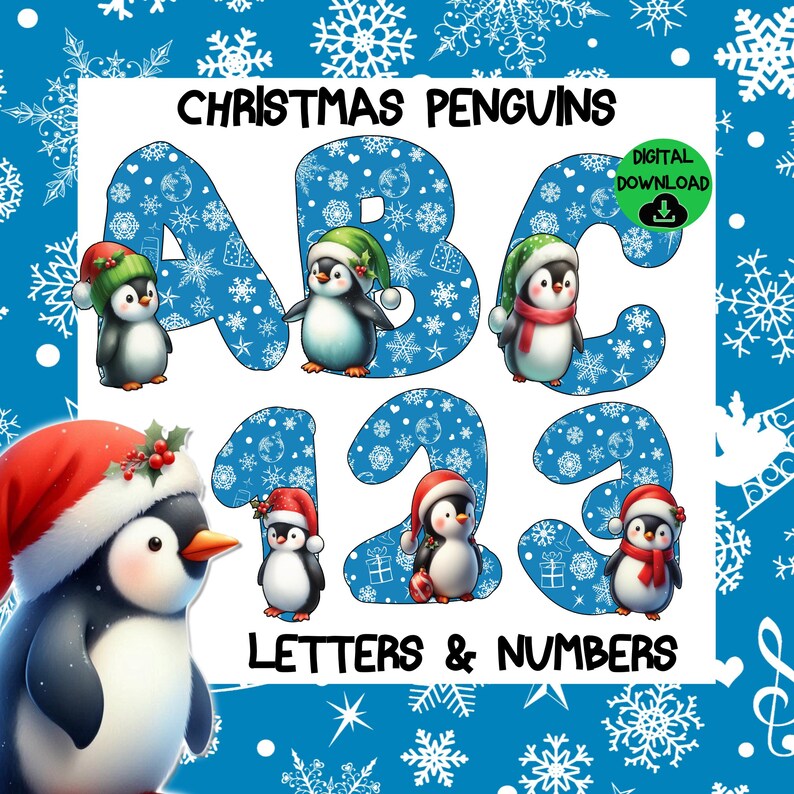 Christmas Penguin Alphabet, Letters and Numbers Clipart (digital ...