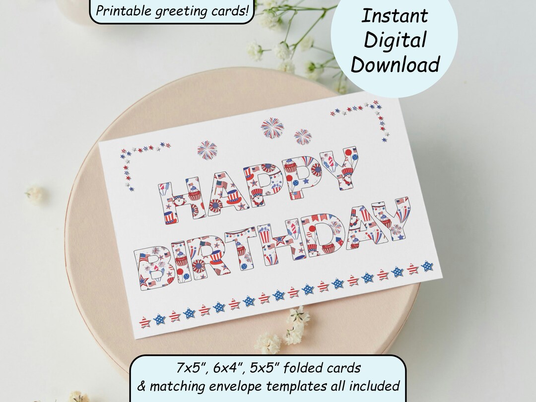 Printable USA Birthday Card Matching Envelope American Patriotic Card ...