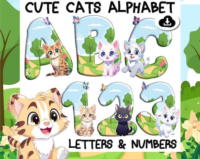 Alphabet Cat Face Clipart, Cute Cat Letter ,watercolor Alphabet, Number ...