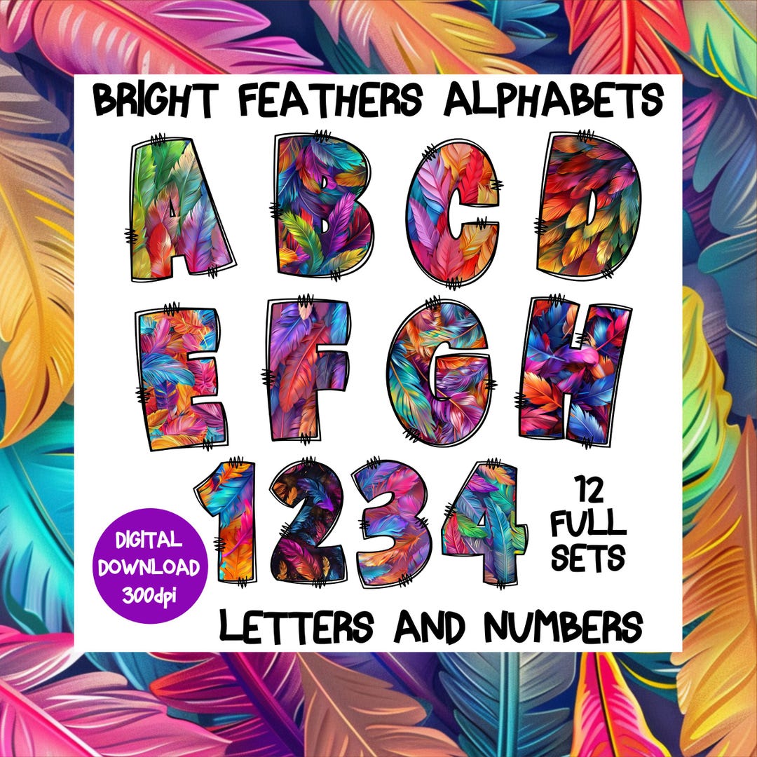 Bright Feathers Alphabets Png, 12 Full Sets of Letters and Numbers ...