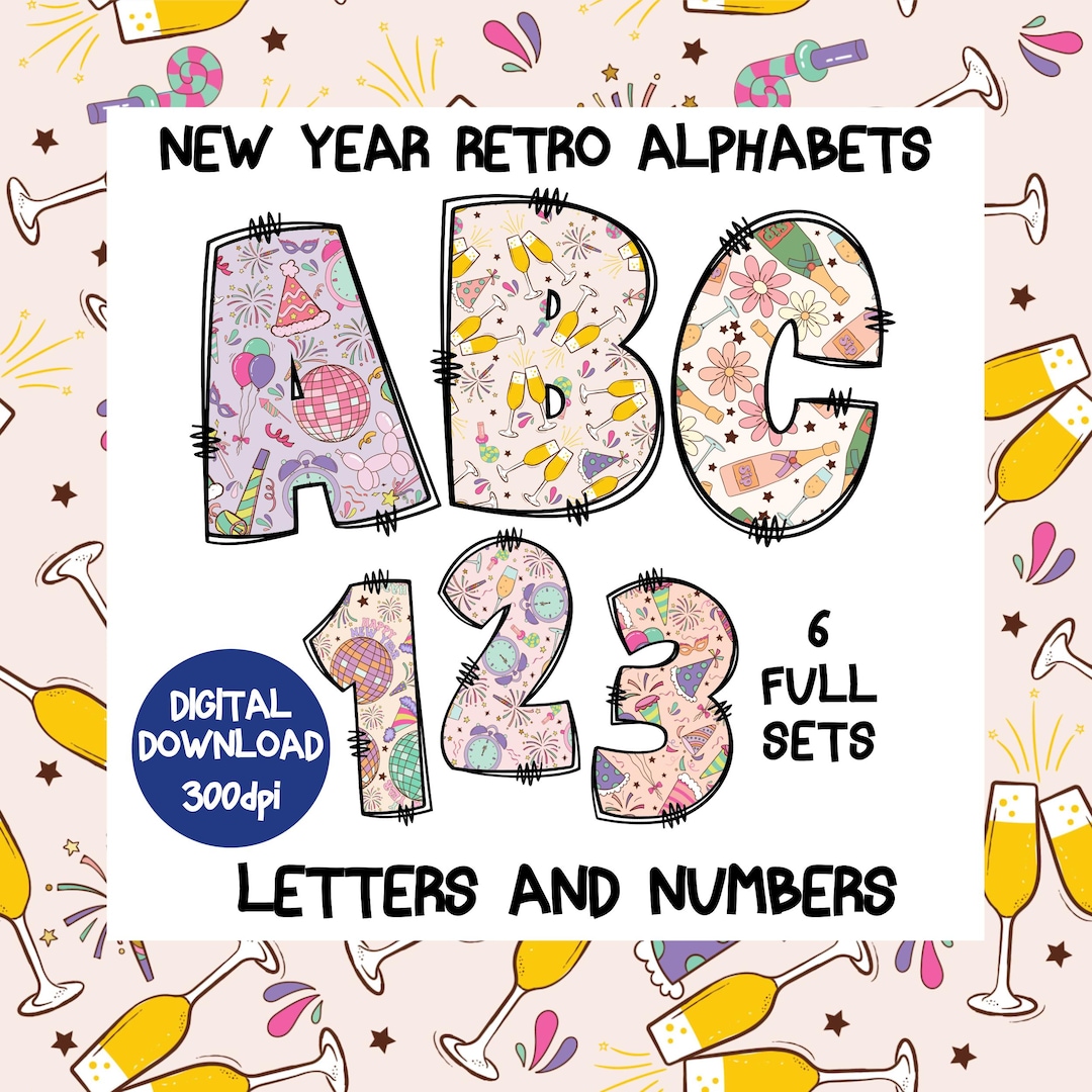 Retro New Year Alphabet Png Digital Download 6 Sets Happy New Year Font ...
