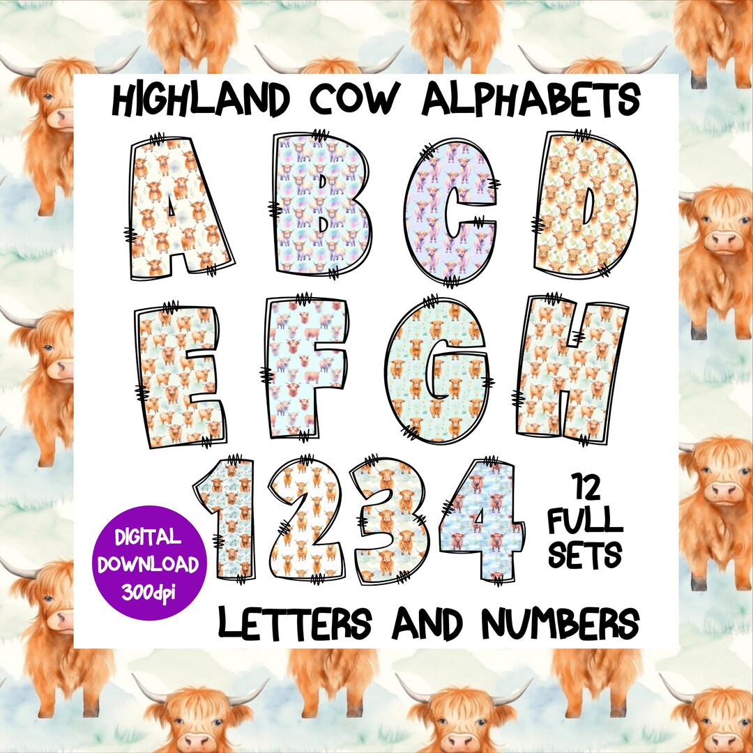 Highland Cow Alphabets Png, 12 Full Sets of Highland Cow Letters and ...