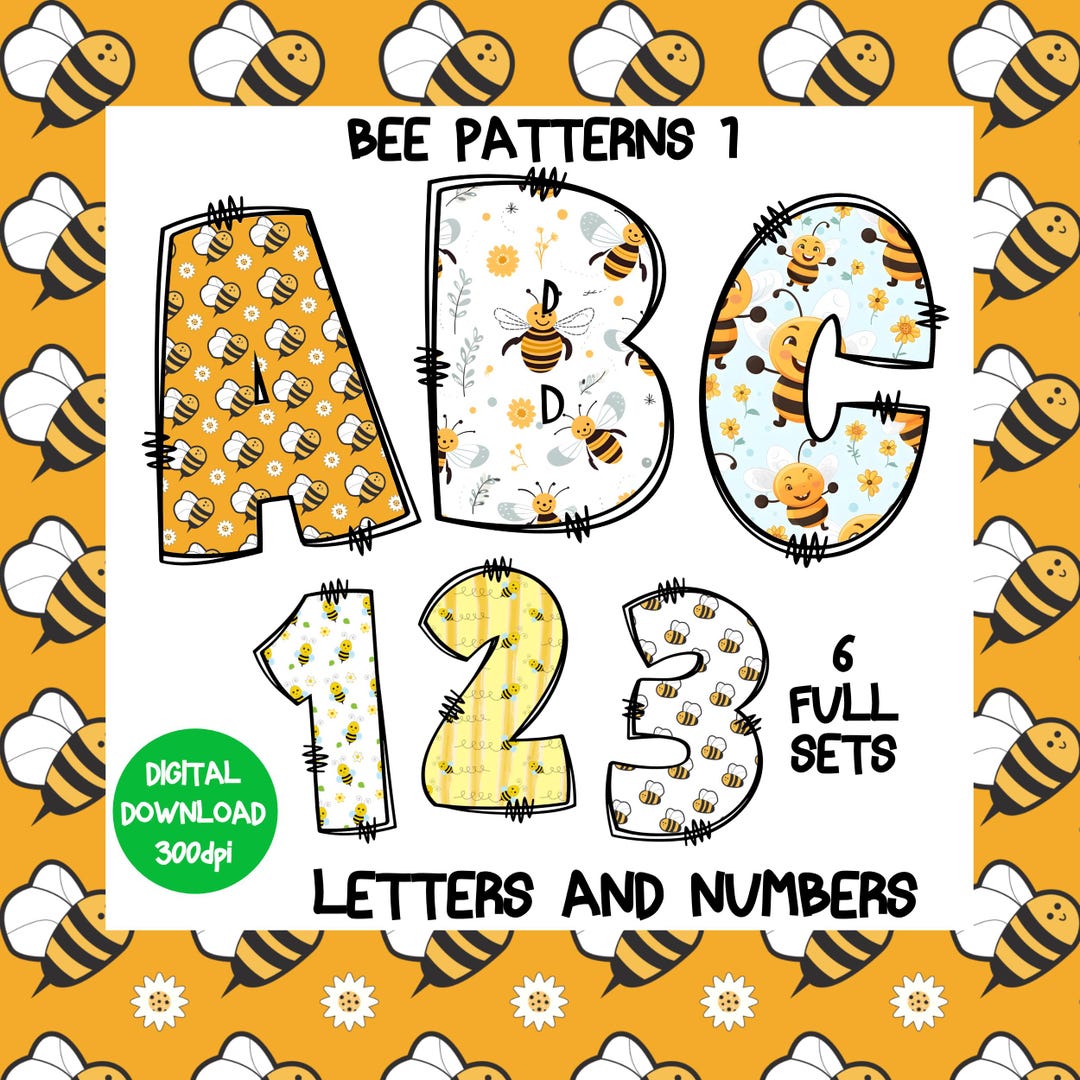 Bees Alphabet X6, Super Cute Bee Patterns Clipart Font Png Digital ...