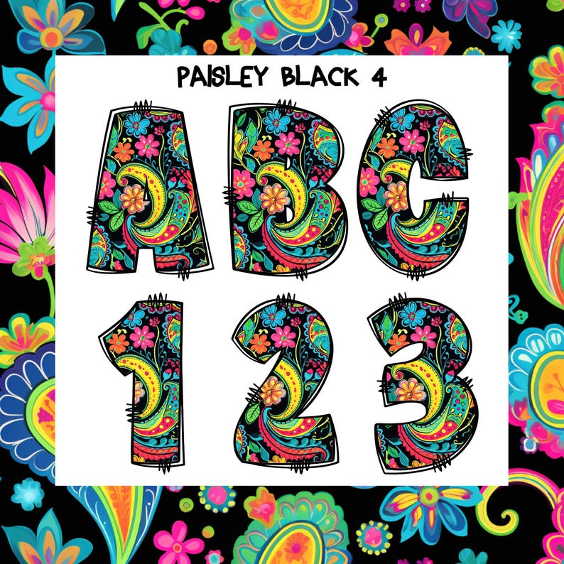 Paisley Alphabet Png, 6 Sets of Black Background Paisley Design Letters ...