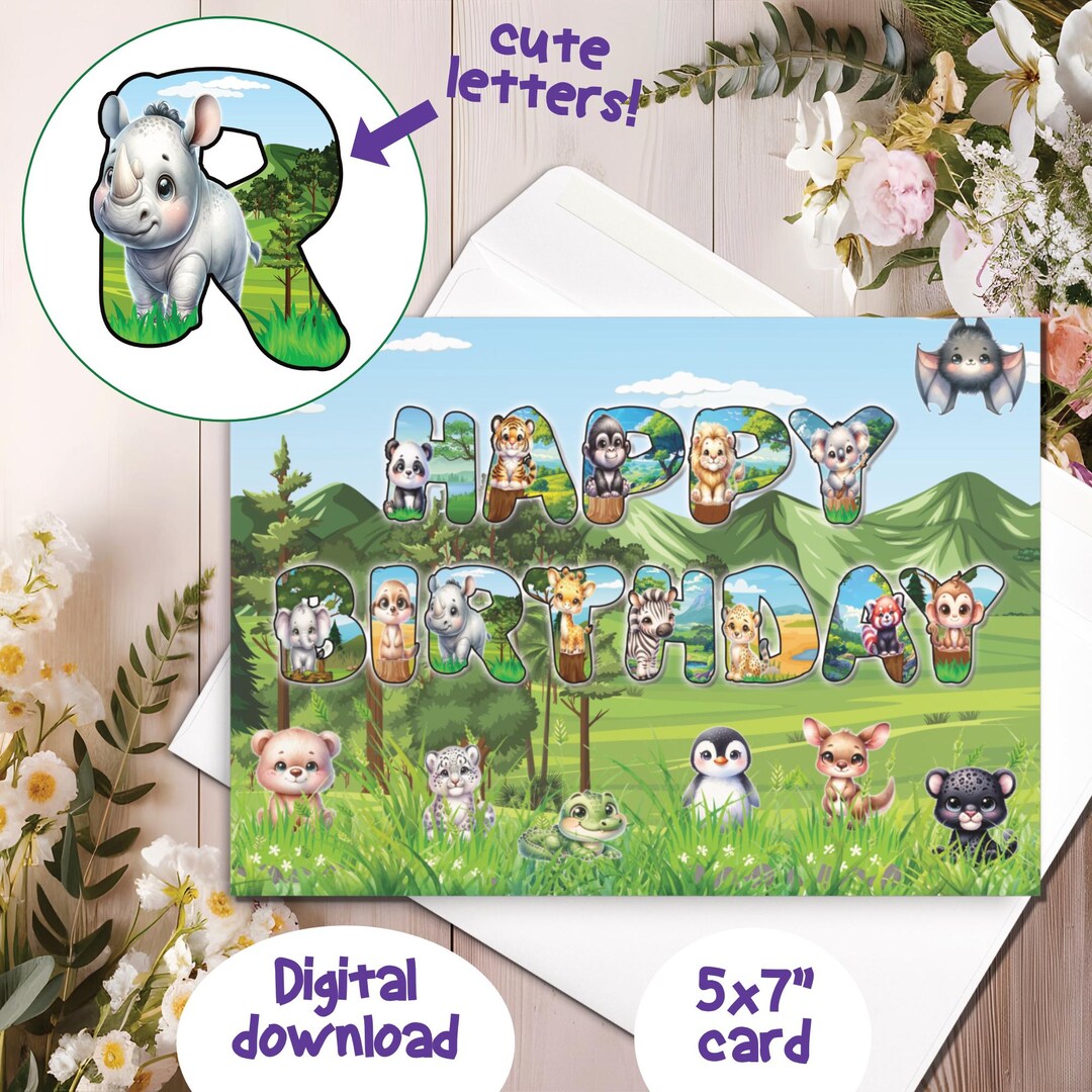 Printable Wild Animals Birthday Card Word Art Cute Animals Digital ...