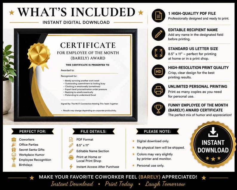 Funny Certificate Employee of the Month Certificate | Office Gag Gift ...