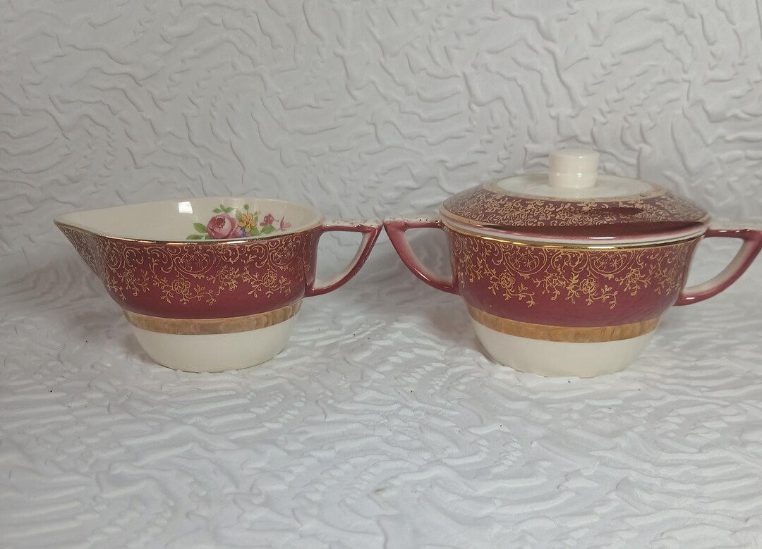 Salem Aristocrat Cream Pitcher and Sugar Bowl, Burgundy Floral, 23K ...