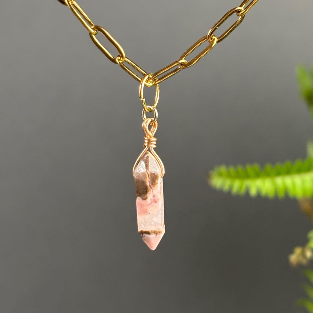 Rhodonite Crystal Point Necklace: Gold Wire Wrapped Charm - Etsy
